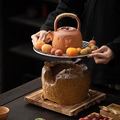 围炉温煮茶明火炭梁32469烧炉火炉粗陶提侧把陶壶烧水碳茶炭炉煮