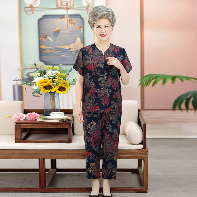 奶奶2026新款睡衣女套装棉绸短袖长裤中老年家居服妈妈装两件套装