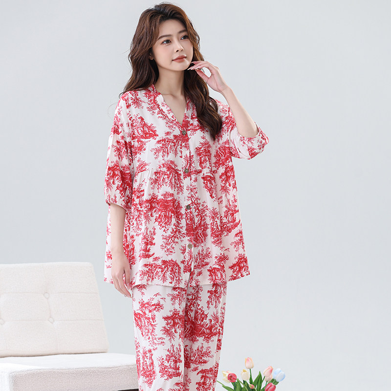 夏季棉绸薄款睡衣套装女士2025年新款空调服休闲家居服夏天两件套