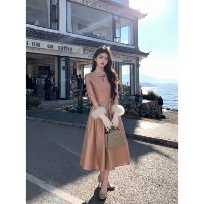 秋冬款轻奢圣诞千金仪式感潮流双色长裙气质复古公主裙QD87200