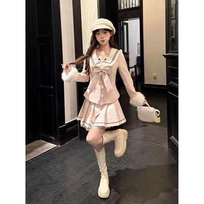 粉樱甜宠 爆款甜美学院风海军领呢子外套女收腰百褶裙套装QD87232