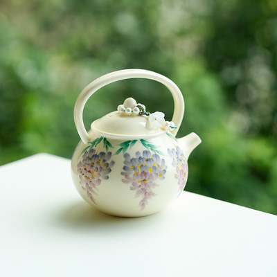 速发提梁壶茶用陶瓷釉下彩手绘紫藤花泡家壶小夫创意单壶功壶