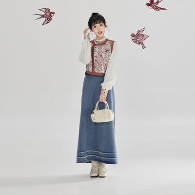 织造司[鹊鸣春晓]新中式马甲立领衬衫牛仔裙a字半身裙女长款套装