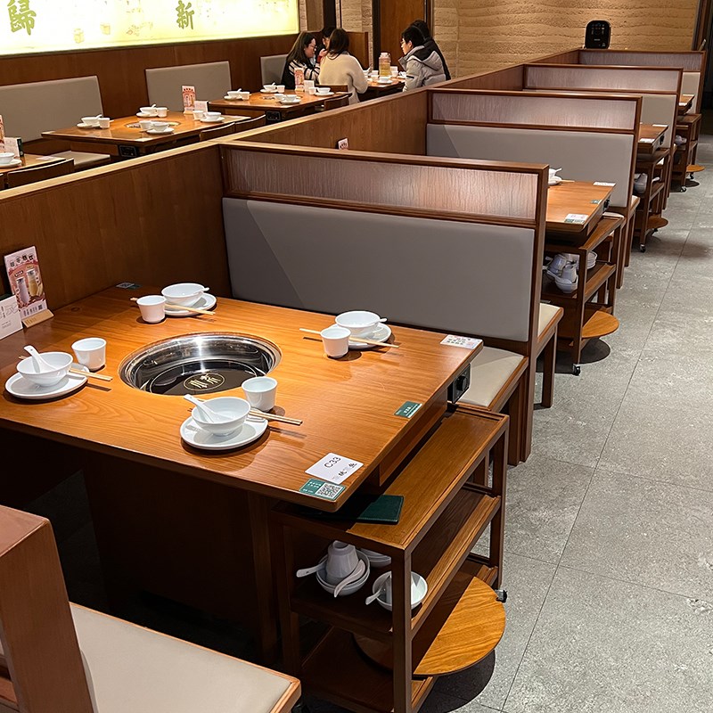 实木火锅桌子电磁炉一p体餐馆用饭店无烟烧烤店桌椅组合商用长方
