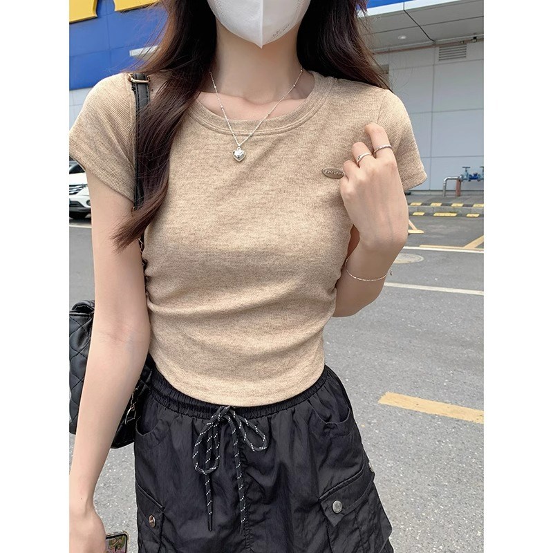 好货设计感褶皱收腰辣妹短袖上衣女夏季圆领正肩小飞袖短款打底衫