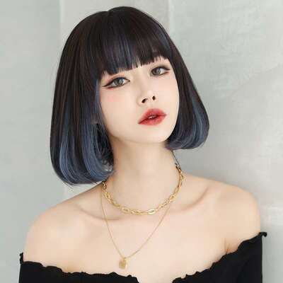Wig women&amp#39s short hair fion gradient blue highligh