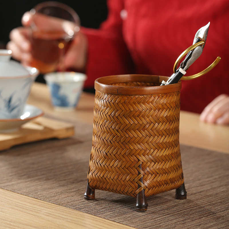 大漆竹编茶道六君子茶筒收纳桶竹茶具配件茶夹茶勺茶滤茶则茶铲笔