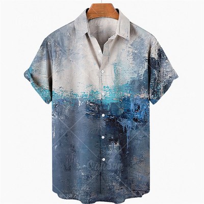 Mens 3D Oil Painting Short Sleeve Shirt, Mens Hawaiian Bea