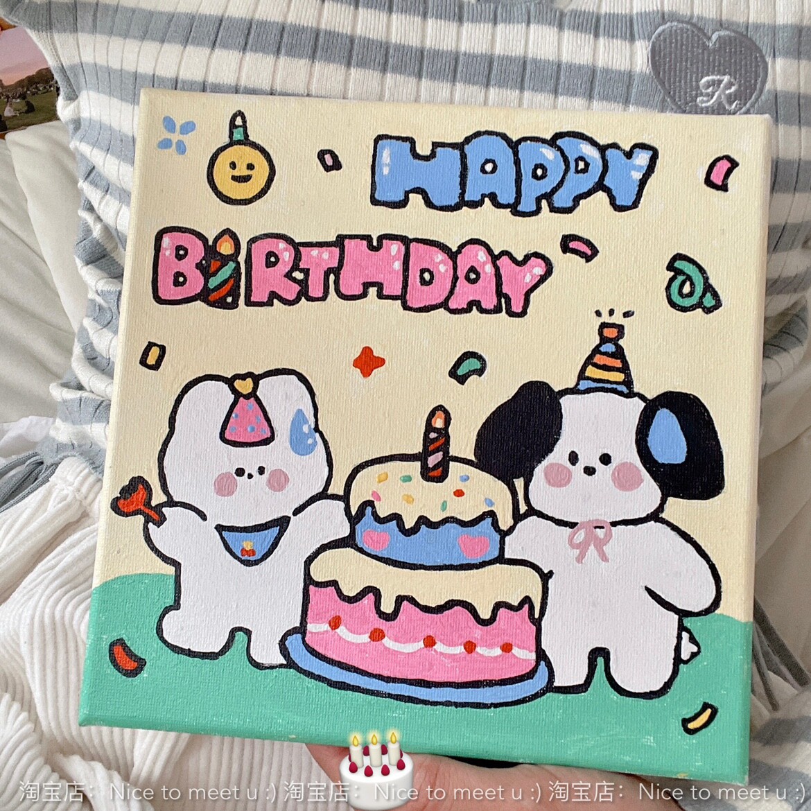 兔子小狗为你庆生 diy数字油画填色生日快乐蛋糕装饰画手工礼物