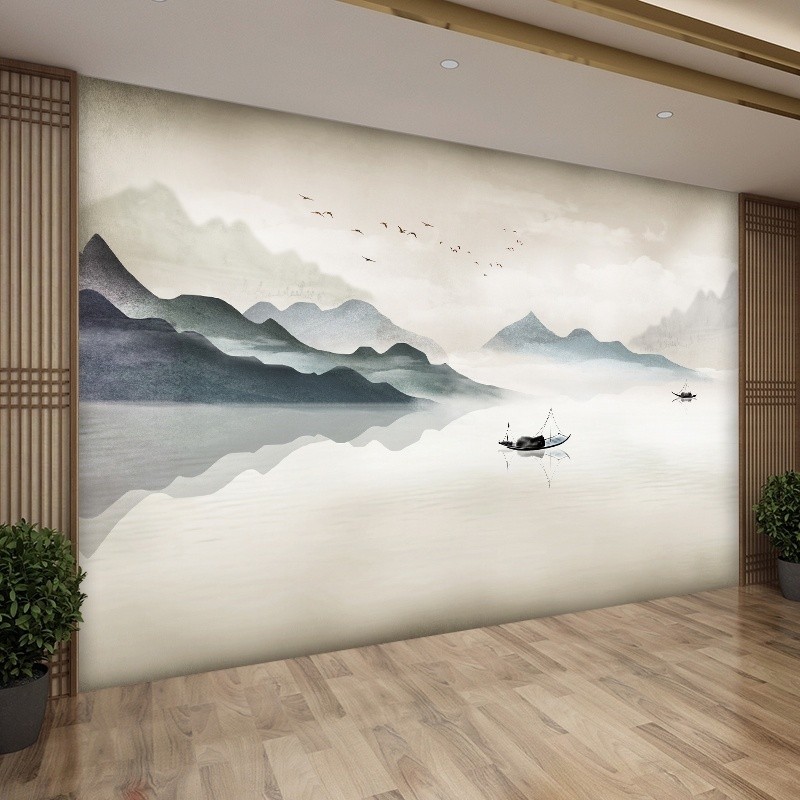 竹木纤维集成墙板电视背景墙板水墨山水影视墙装饰客厅无缝护墙板