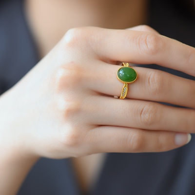 s925银镶和田碧玉蛋面戒指椭圆形金色手饰和田玉高档精美11274