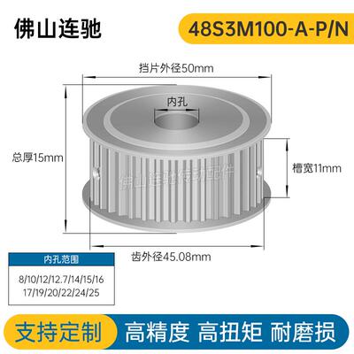 S3M48齿 两面平同步轮 槽宽11 AF型 同步皮带轮48S3M100-A-P8-25
