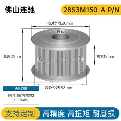 S3M28齿 两面平同步轮 槽宽17 AF型 同步皮带轮齿轮铝28S3M150