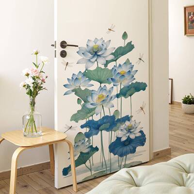 清新荷花背景墙贴卧室沙发可移除墙面装饰自粘墙贴蓝色花朵 69134
