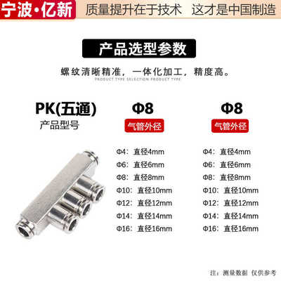 304不锈钢快插五通PK气动接头耐高温耐腐蚀耐高压PK4/6/8/10/12mm
