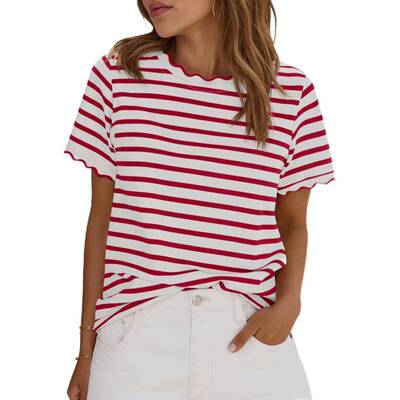 Stripe Scalloped Trim Round Neck T Shirt  This Cotton Blend