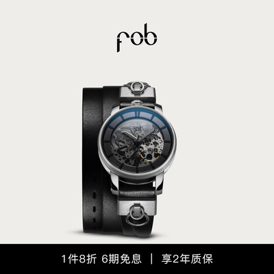 FOB手表女款个性腕表白银露机芯机械表单环三环真皮表带手表