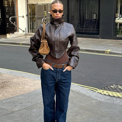 修身高领拉链鱼骨外套女