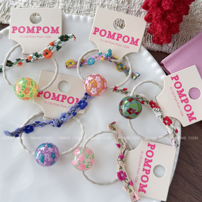 现货PomPom韩国进口发饰发绳手绘小花球球刺绣蝴蝶结马尾发圈皮筋