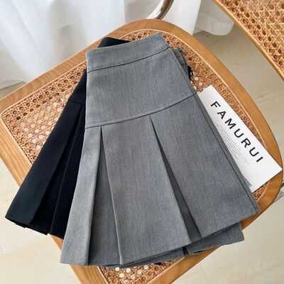 Solid color high waisted pleated skirt女士纯色休闲高腰百褶裙