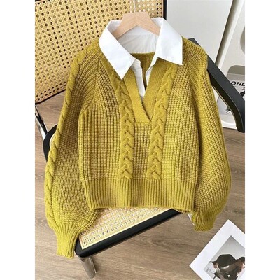 Flip collar short fake two sweaters 翻领短款宽松假两件毛衣女