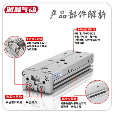 HLQ滑台HLdS6/8/12/16/20/25LX10*30/40/50/75/100SAS-B/SB/气缸