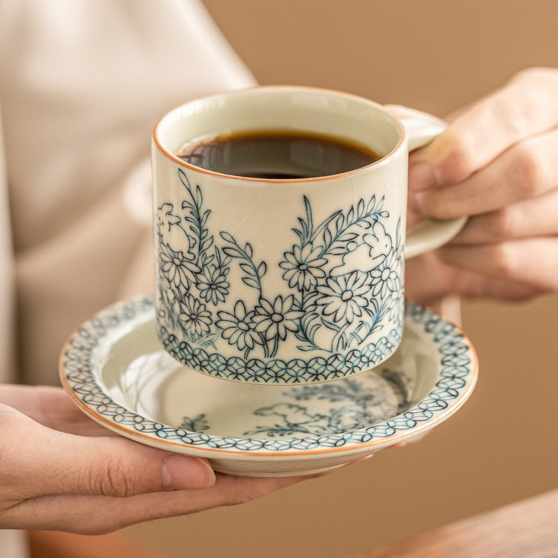 厂家汝窑向阳花萌兔咖啡杯精致高档拉花杯拿铁杯陶瓷喝茶杯马克杯