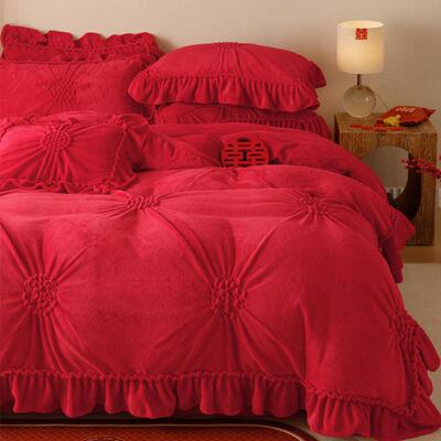 婚庆秋冬加厚牛奶绒四件红色保暖季珊m瑚绒被套套结婚RCF1.8床上