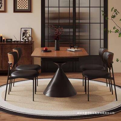 木餐旋转伸缩中古风方圆两用饭桌法实式奶油胡桃木桌色带转盘7788