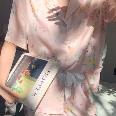 MISS PONYO透气凉爽牛奶丝短袖长裤女士家居服两件套四叶水仙5372