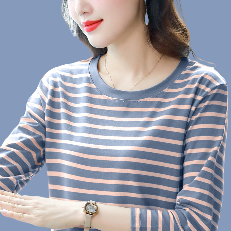 高档气质妈妈纯棉长袖t恤女宽松条纹外穿秋衣大码秋季打底衫上衣
