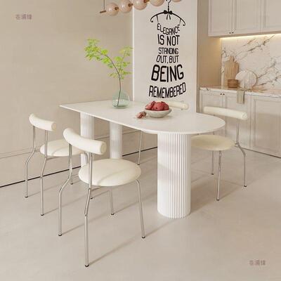 奶EKW油风纯小白色岩板餐桌餐组合现椅代吃简约户型家用半圆形饭