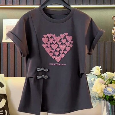 速发新中式国风腰扣爱恤2024夏季新款大码胖妹妹mmt心收盘上衣