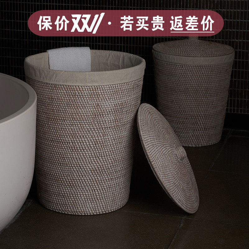 藤编脏衣篮篓收纳桶洗衣篮藤编筐侘寂风做旧手工精W致编织加大内