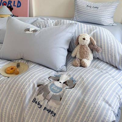 全棉双海层纱毛巾绣床上件套盐小狗刺绣被EX202506套床品宿舍床四