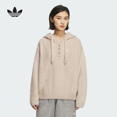 adidas阿迪达斯三叶草针织运动衫2025冬女毛衣连帽套头外套KS5968