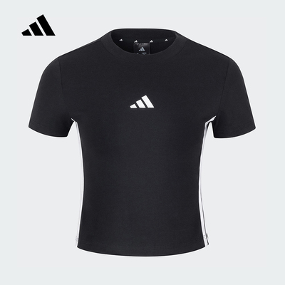 阿迪达斯女子2025春季运动休闲短袖T恤黑色圆领上衣 JY8570