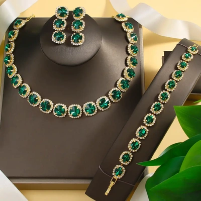 欧美绿宝石项链耳环手链套装高级感新娘首饰套装配饰jewelry set