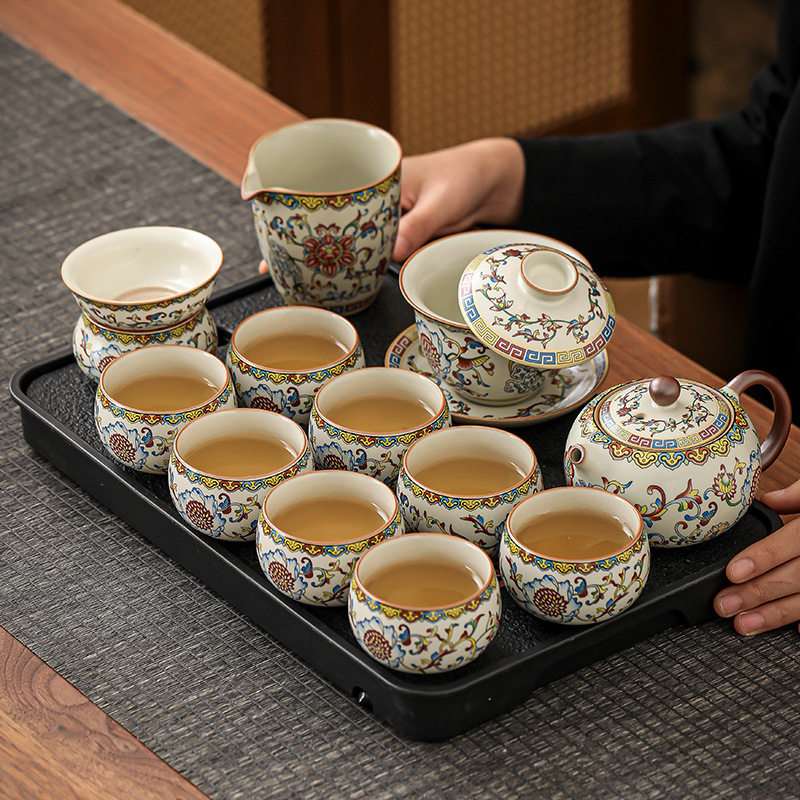 汝窑缠枝莲功夫茶具套装珐琅彩陶瓷茶壶茶杯家用整套茶盘泡茶会客