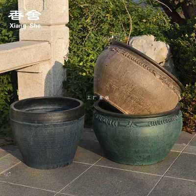 ?粗陶花盆大号特大号复古盆栽种树大口径土陶罐室内户外庭院