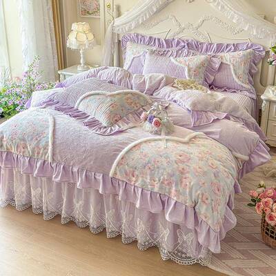 加厚高端AYF面婴边儿绒B兔绒被夹棉床盖套款四件花田园公主风套冬