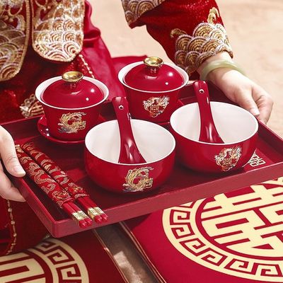 结婚敬茶杯婚礼女方陪嫁红色喜碗筷婚庆改口敬酒茶具套装喜字杯子