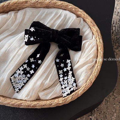 碎花黑色蝴蝶结发夹女后脑勺百搭丝带弹簧夹高级感精致一字夹发卡