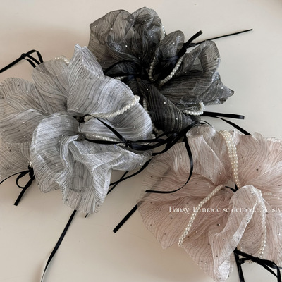 韩系芭蕾风黑色丝带蝴蝶结珍珠缠绕大肠发圈温柔少女气质发绳发饰