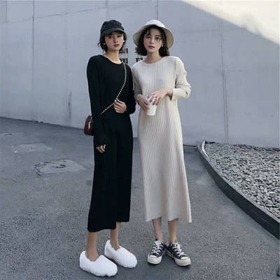 欧洲站法式高级感egg配大衣长裙子针织毛衣裙过膝显瘦连衣裙秋冬