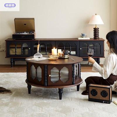 法式赫本风璃复实木33451茶几小古家户型客厅用组合圆形美式玻茶