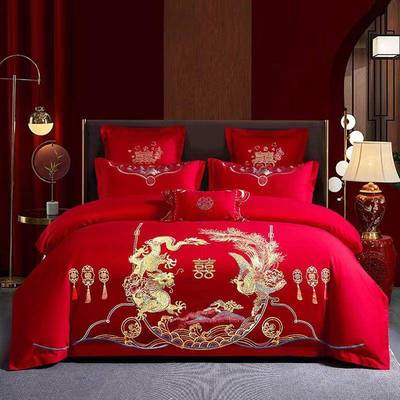 新中式红色婚庆四件套AL201208棉刺件绣结婚4套床上品大全陪纯嫁