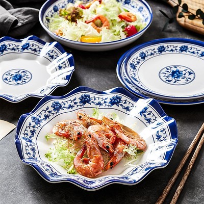 快速发货密胺f圆盘塑料仿瓷餐具酒店餐厅菜盘平盘商用白青花边创