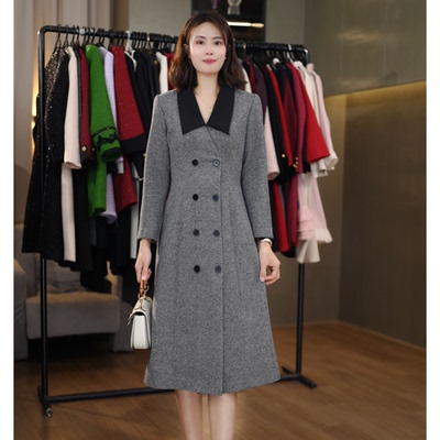 【南油虹姐】秋冬新款气质双排扣收腰翻领拼接时尚显瘦连衣裙3154