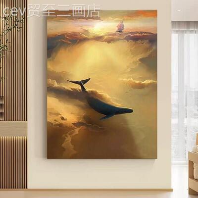 网红.饰原创《肌如向餐海》简约现代客厅装画厅卧室手绘理鲸画